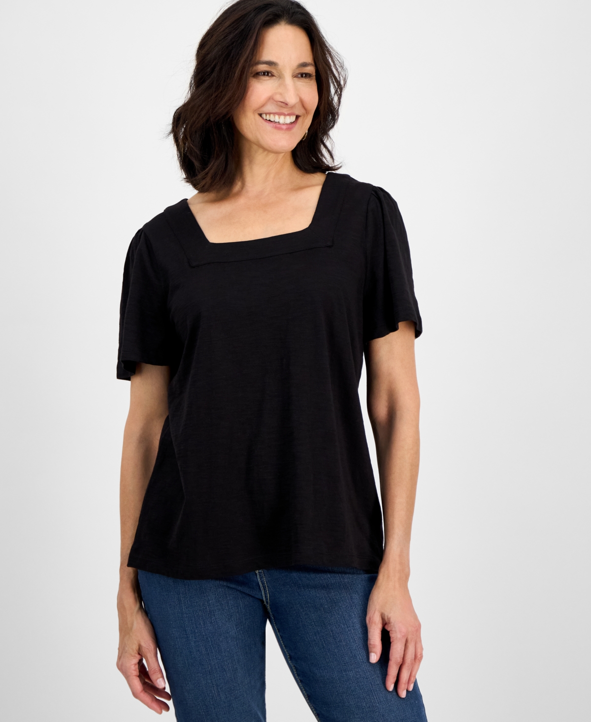 Click here for Style& Co Womens Printed Square-Neck Flutter-Sleev... prices