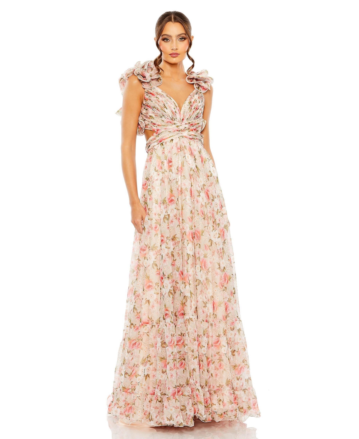 Click here for Mac Duggal Womens Ruffle Tiered Cut-Out Chiffon Fl... prices