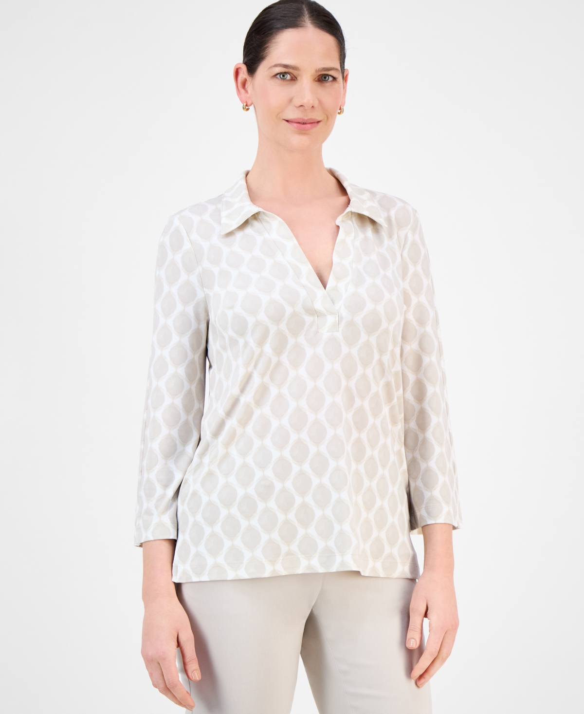 Click here for Jm Collection Womens Printed Collared 3/4-Sleeve T... prices