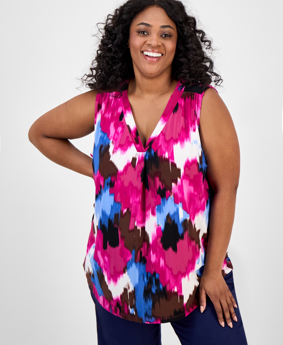 Click here for Jones New York Plus Size Printed Pleated Top - Bri... prices