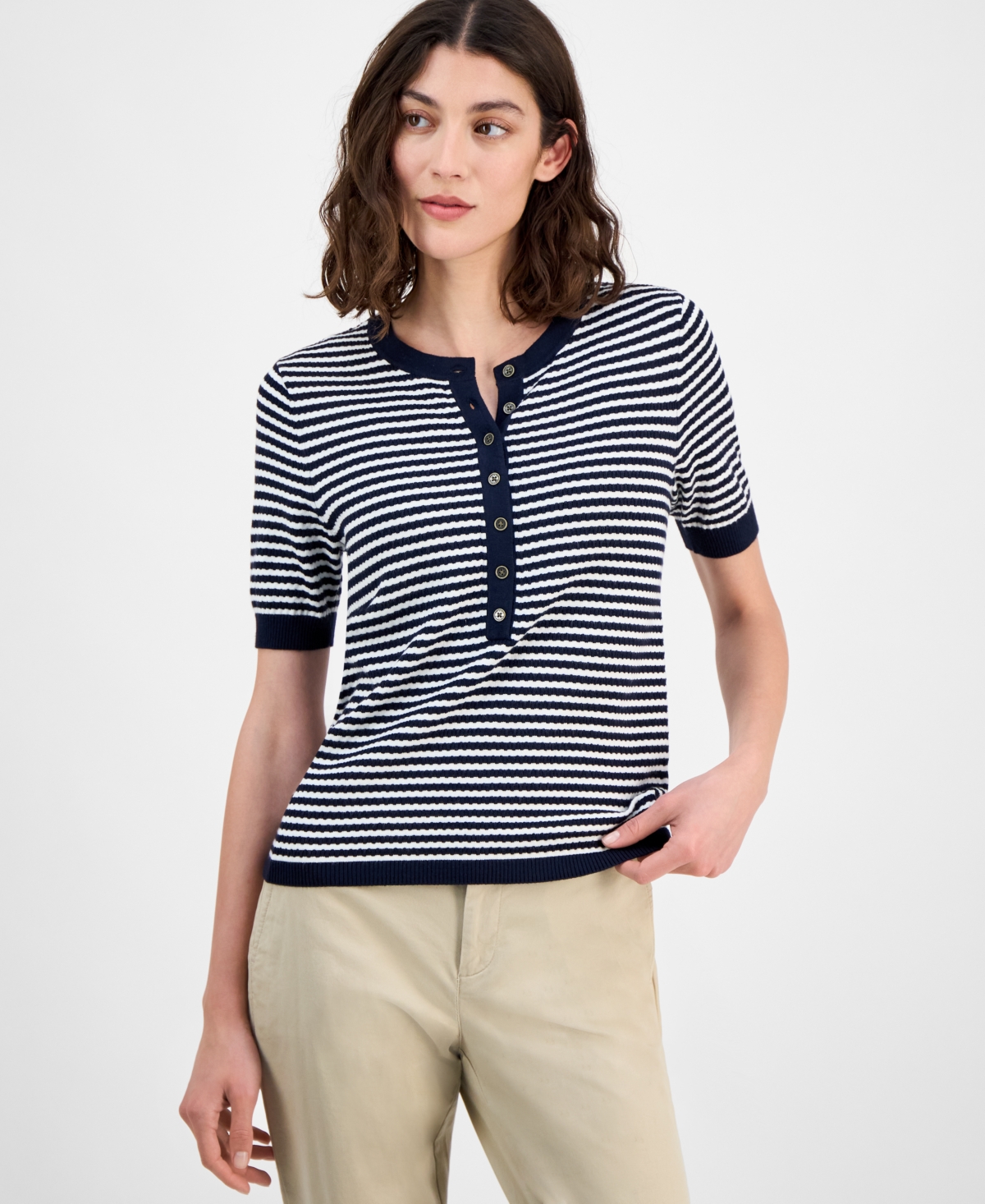 Click here for Tommy Hilfiger Womens Striped Henley Sweater - Sky... prices