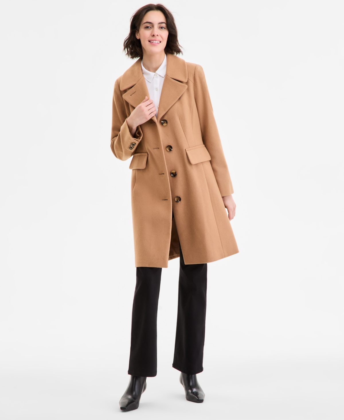 Anne Klein Womens Single-Breasted Walker Coat  Exclusively at Macys - Camel