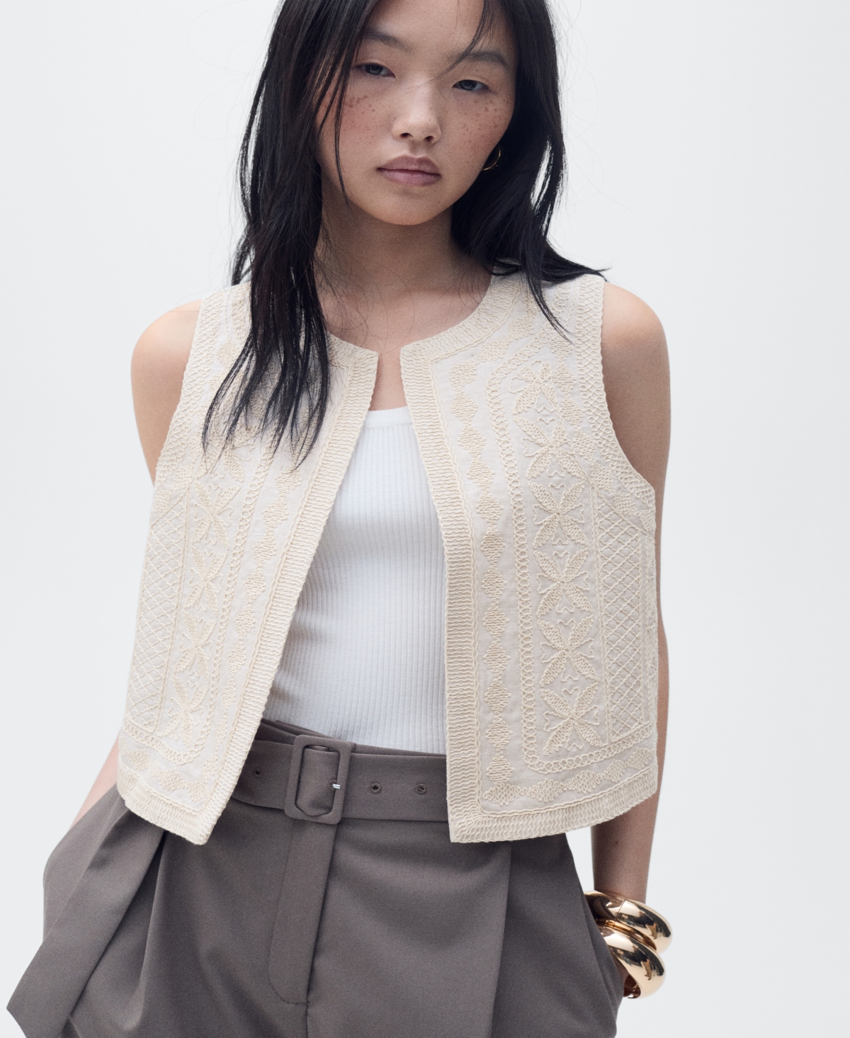 Click here for Mango Womens Embroidered Linen Vest - Ecru prices