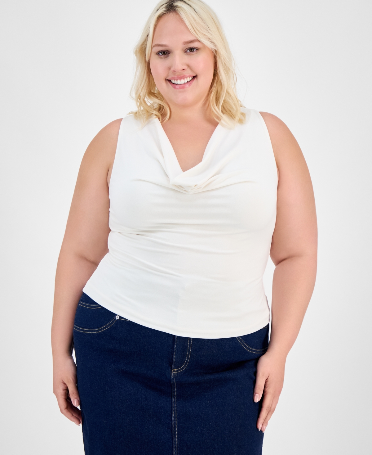 Click here for Bar Iii Trendy Plus Crepe Sleeveless Cowlneck Top... prices