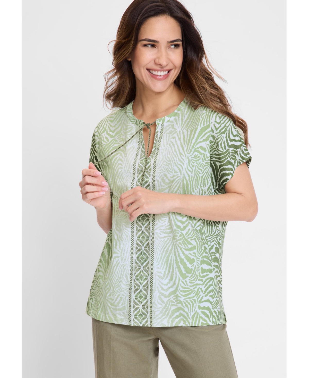 Click here for Olsen Womens Multi-Print Tie Neck T-Shirt - Olive prices