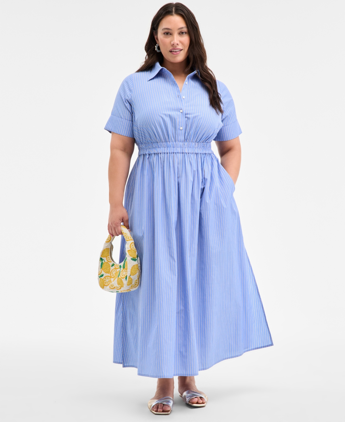 Click here for On 34th Plus Size Striped Classic-Collar Midi Shir... prices