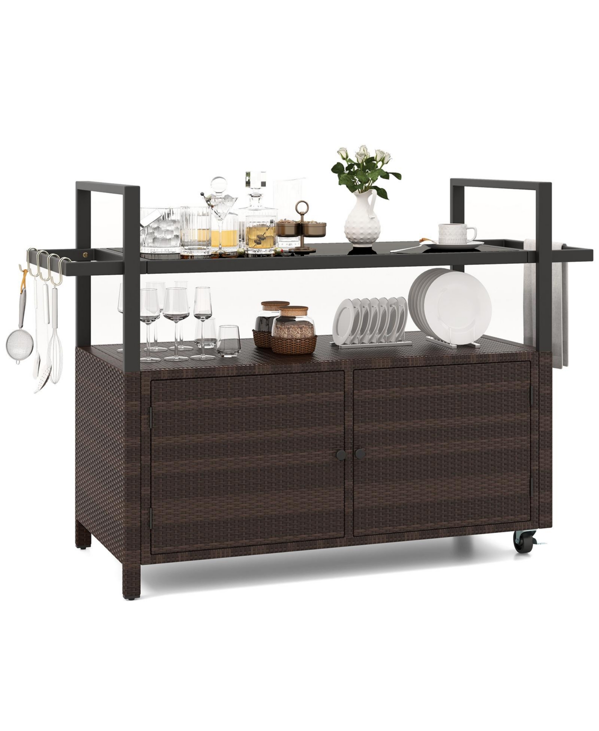 Click here for Outdoor Bar Cart Wicker Buffet Serving Cart with C... prices