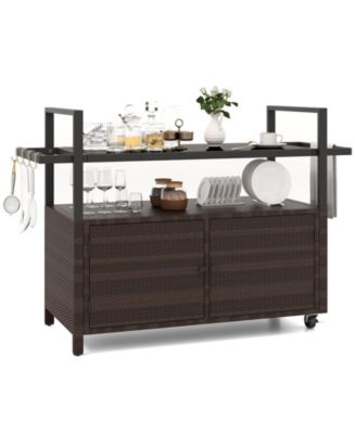 Outdoor Wicker Bar Cart with Tempered Glass Top, Cabinet and 8 Hooks 51 ...