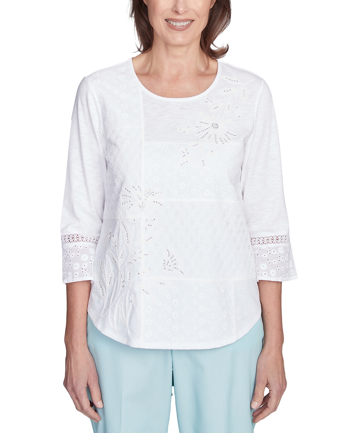 Click here for Alfred Dunner Petite Lace-Patchwork 3/4-Sleeve Top... prices