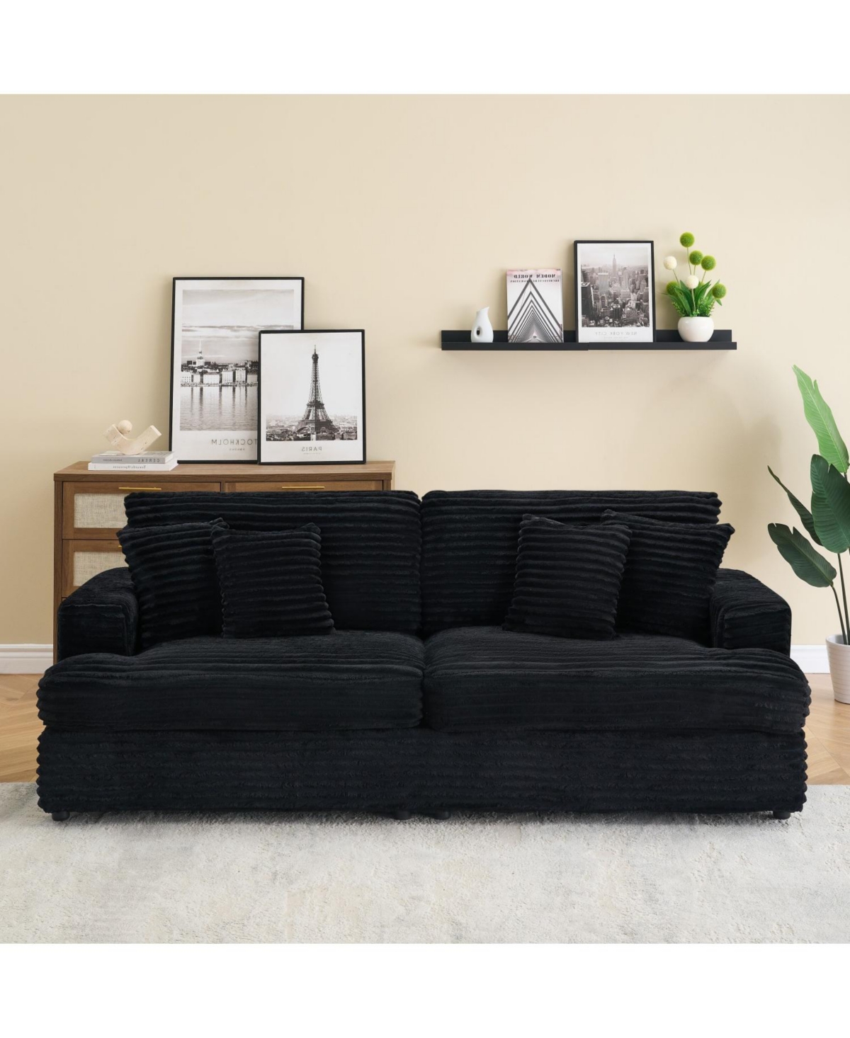 Click here for Streamdale 79" Black Corduroy Sofa with 4 Pil... prices