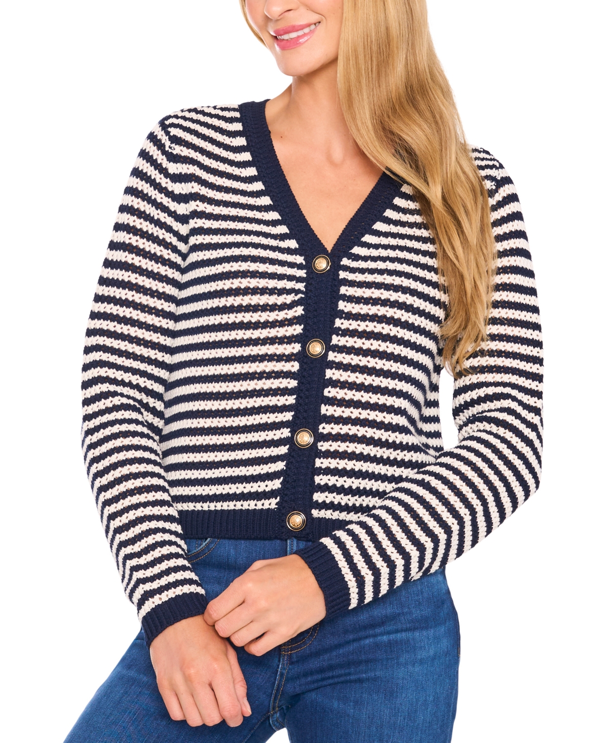 Click here for CeCe Womens Long-Sleeve Striped Pointelle Cardigan... prices