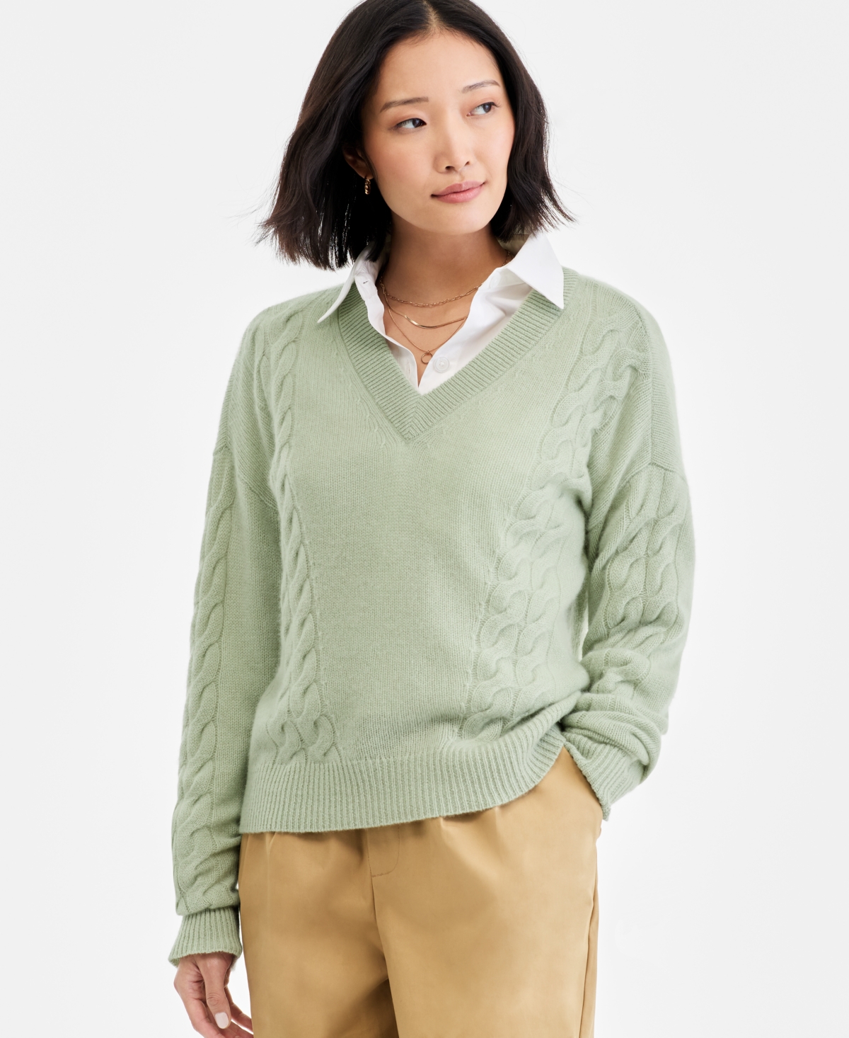 Click here for Charter Club Petite Cashmere Angled Cable V-Neck S... prices