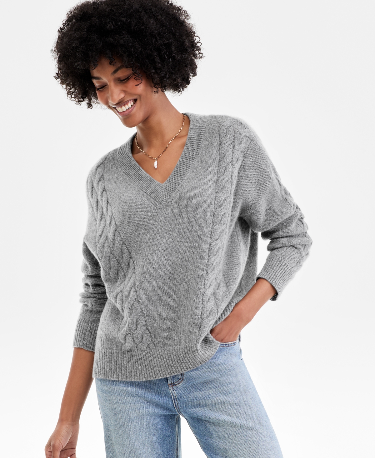 Click here for Charter Club Petite Cashmere Angled Cable V-Neck S... prices