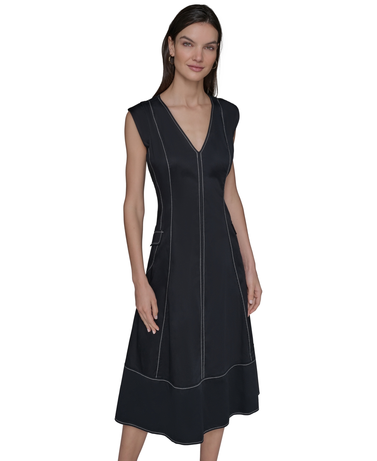 Karl Lagerfeld Paris Womens Stitch-Trimmed Midi Dress - Black