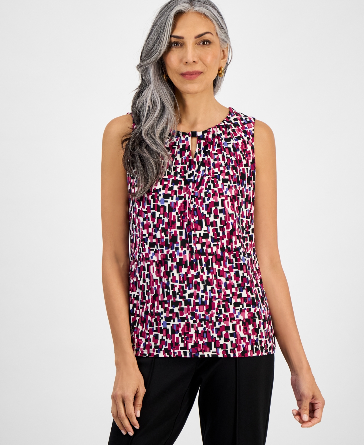 Click here for Kasper Womens Chiclet-Print Keyhole-Neck Top  Regu... prices