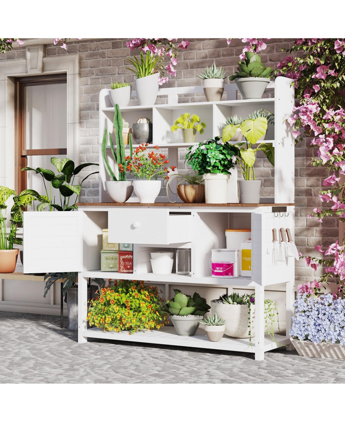 Click here for Fir Wood Potting Bench with Hutch & Shelves - Whit... prices