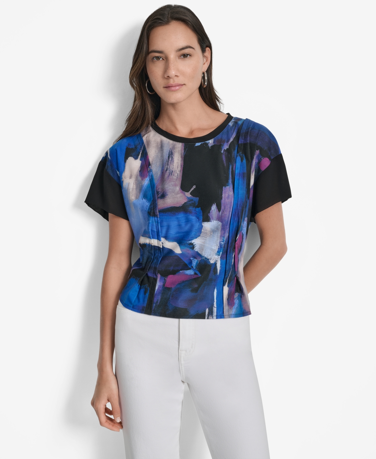 Click here for Dkny Womens Printed Chiffon-Sleeve Blouse - Blue B... prices