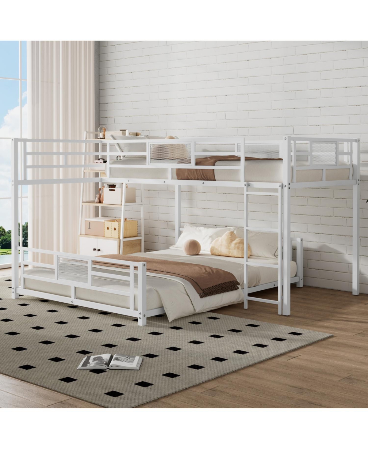 Click here for L-shaped Metal Twin over Full Size Bunk Bed  White... prices