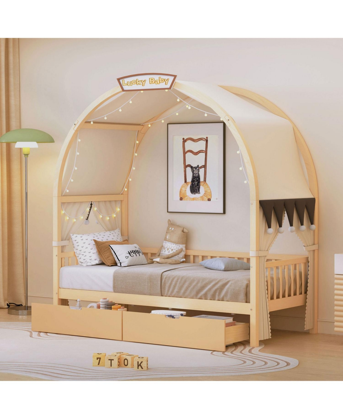 Click here for Twin Size Bed With Arched Roof and 2 Drawers - Nat... prices