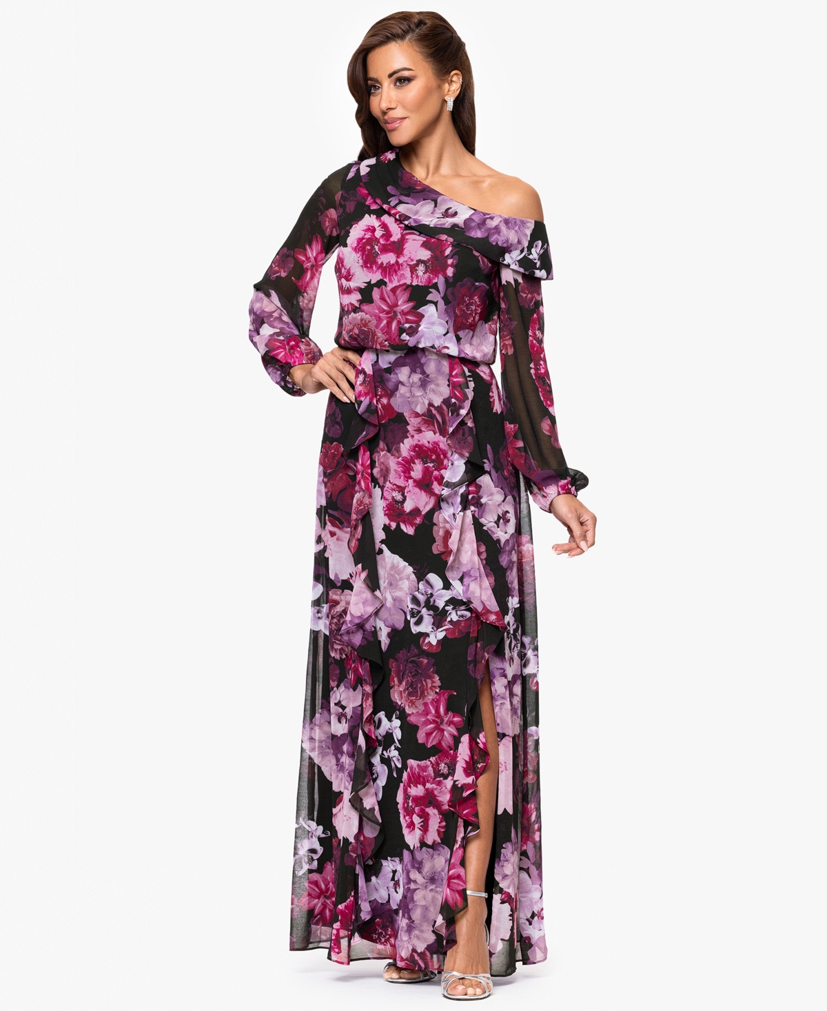 Click here for Xscape Womens Printed Asymmetrical Long-Sleeve Max... prices