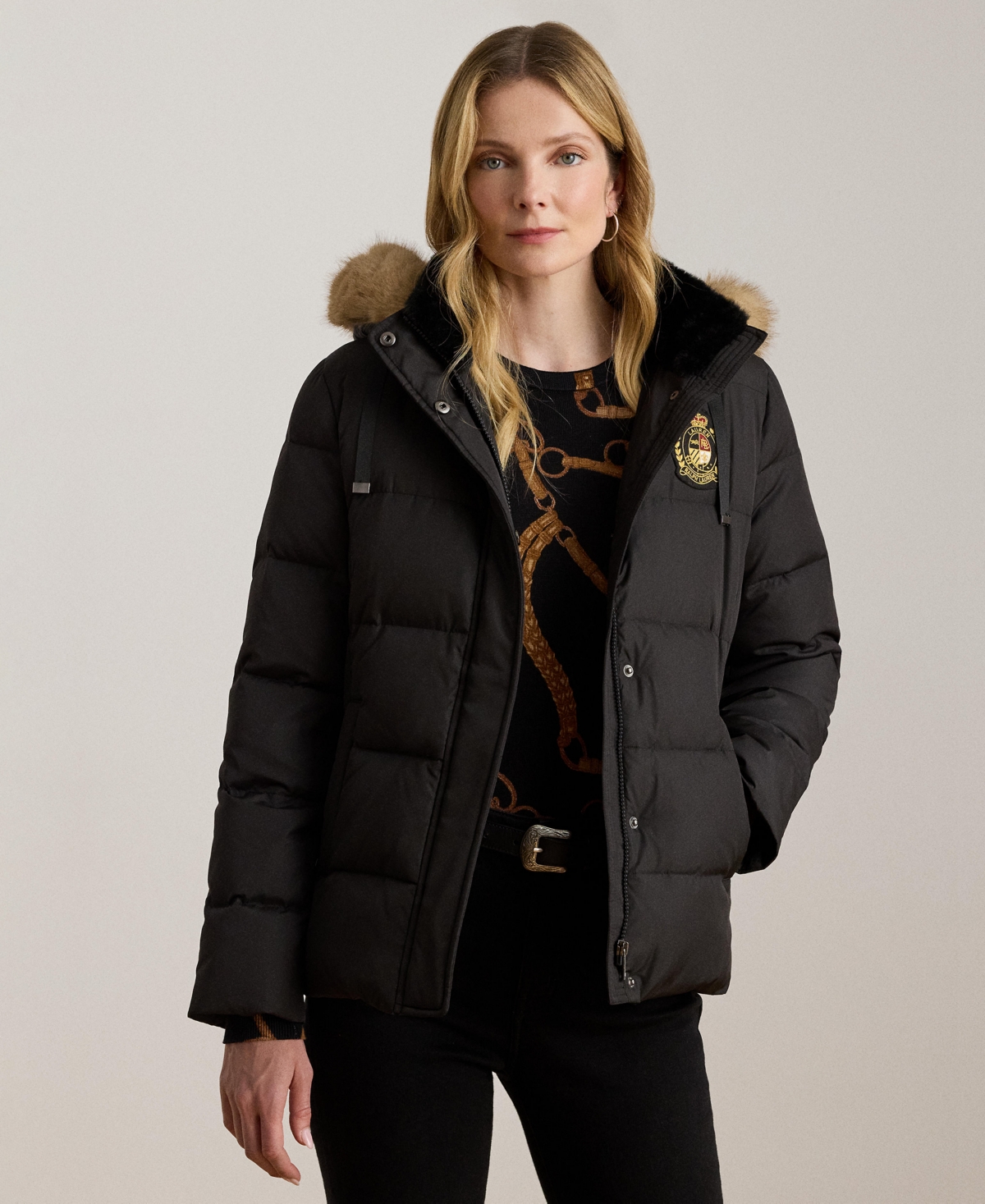 Lauren Ralph Lauren Womens Faux-Fur-Trim Collared Puffer Coat - Black