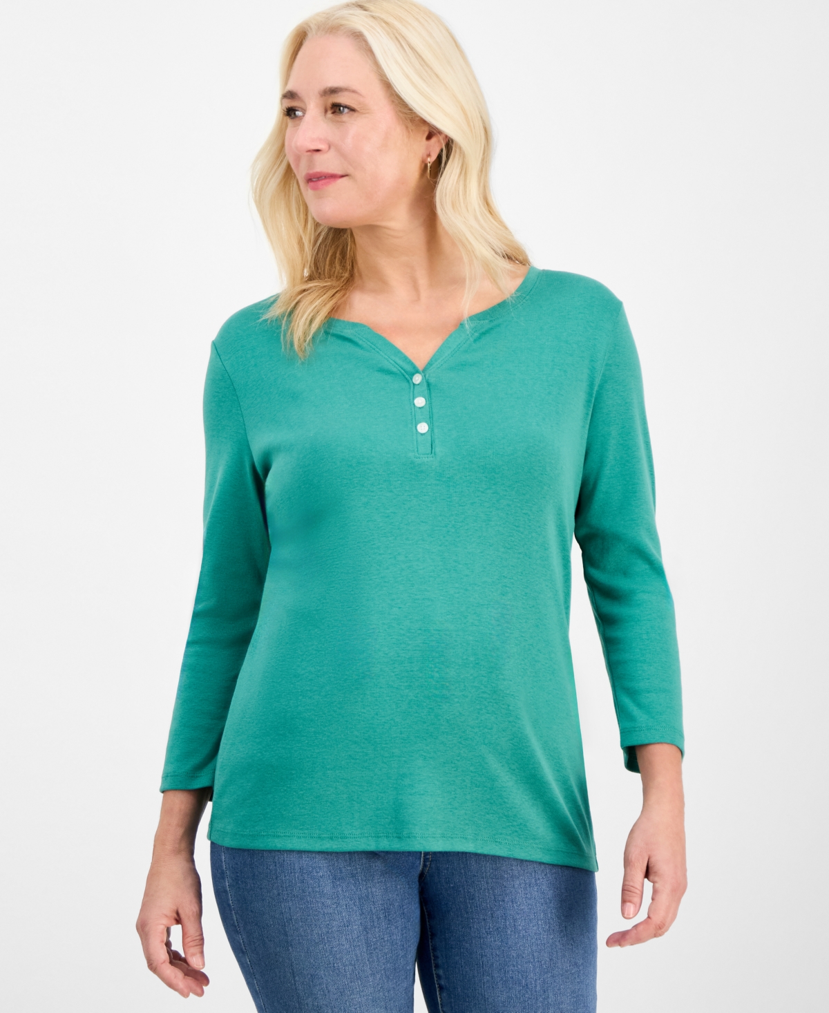 Click here for Style & Co Womens Cotton 3/4-Sleeve Henley Tee  Cr... prices