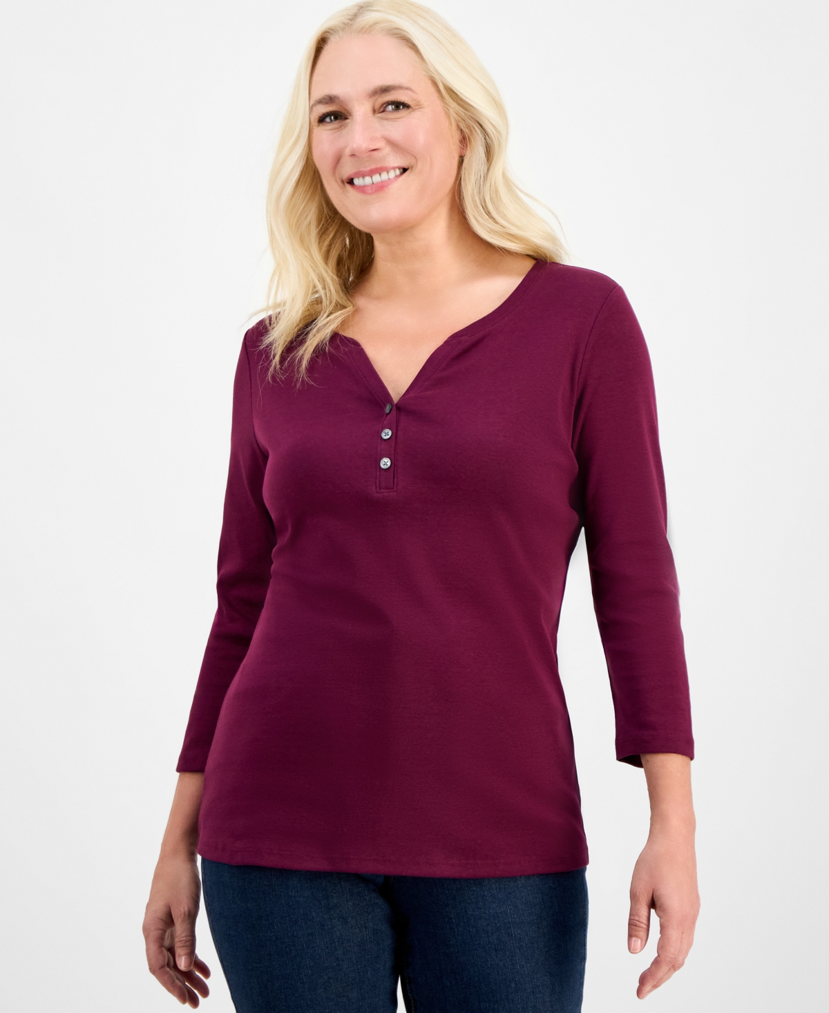 Click here for Style & Co Womens Cotton 3/4-Sleeve Henley Tee  Cr... prices