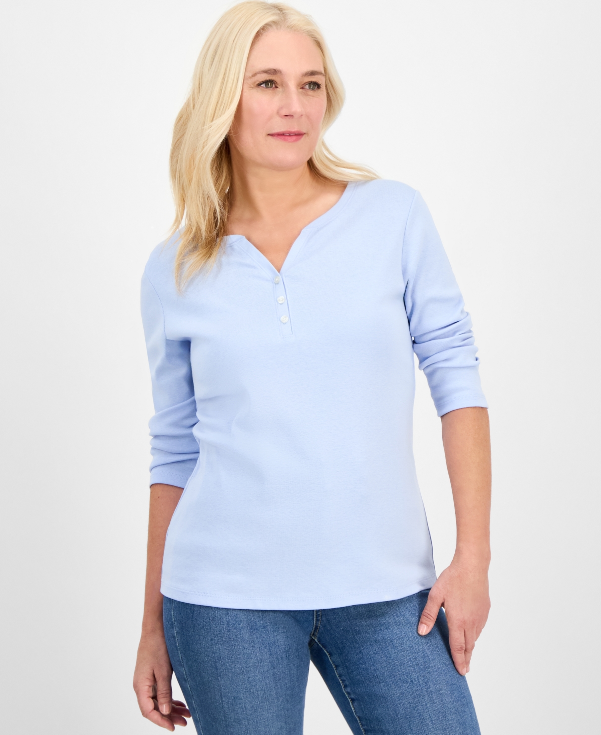 Click here for Style & Co Womens Cotton 3/4-Sleeve Henley Tee  Cr... prices