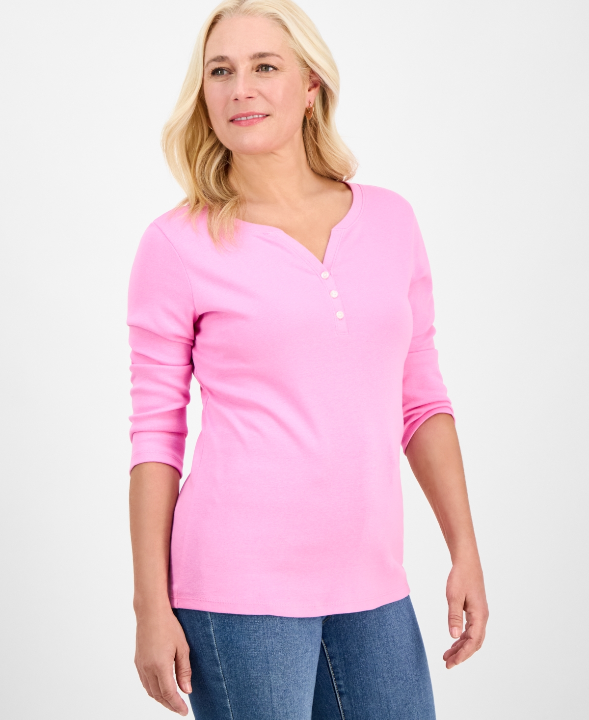 Click here for Style & Co Womens Cotton 3/4-Sleeve Henley Tee  Cr... prices