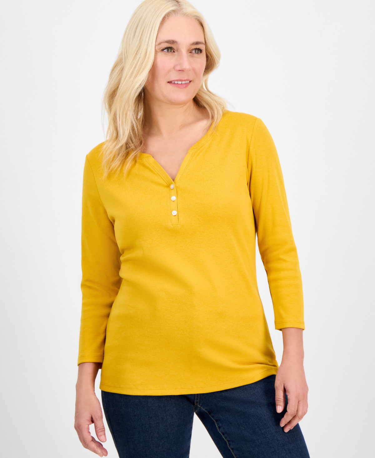 Click here for Style & Co Womens Cotton 3/4-Sleeve Henley Tee  Cr... prices
