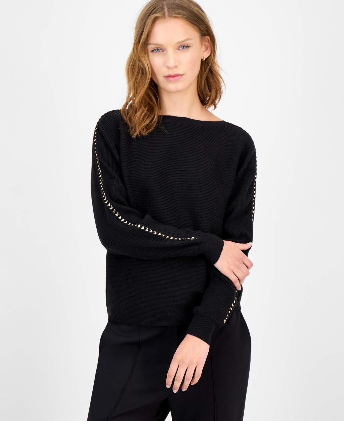 Click here for T Tahari Womens Chain-Trim Boat-Neck Sweater - Bla... prices