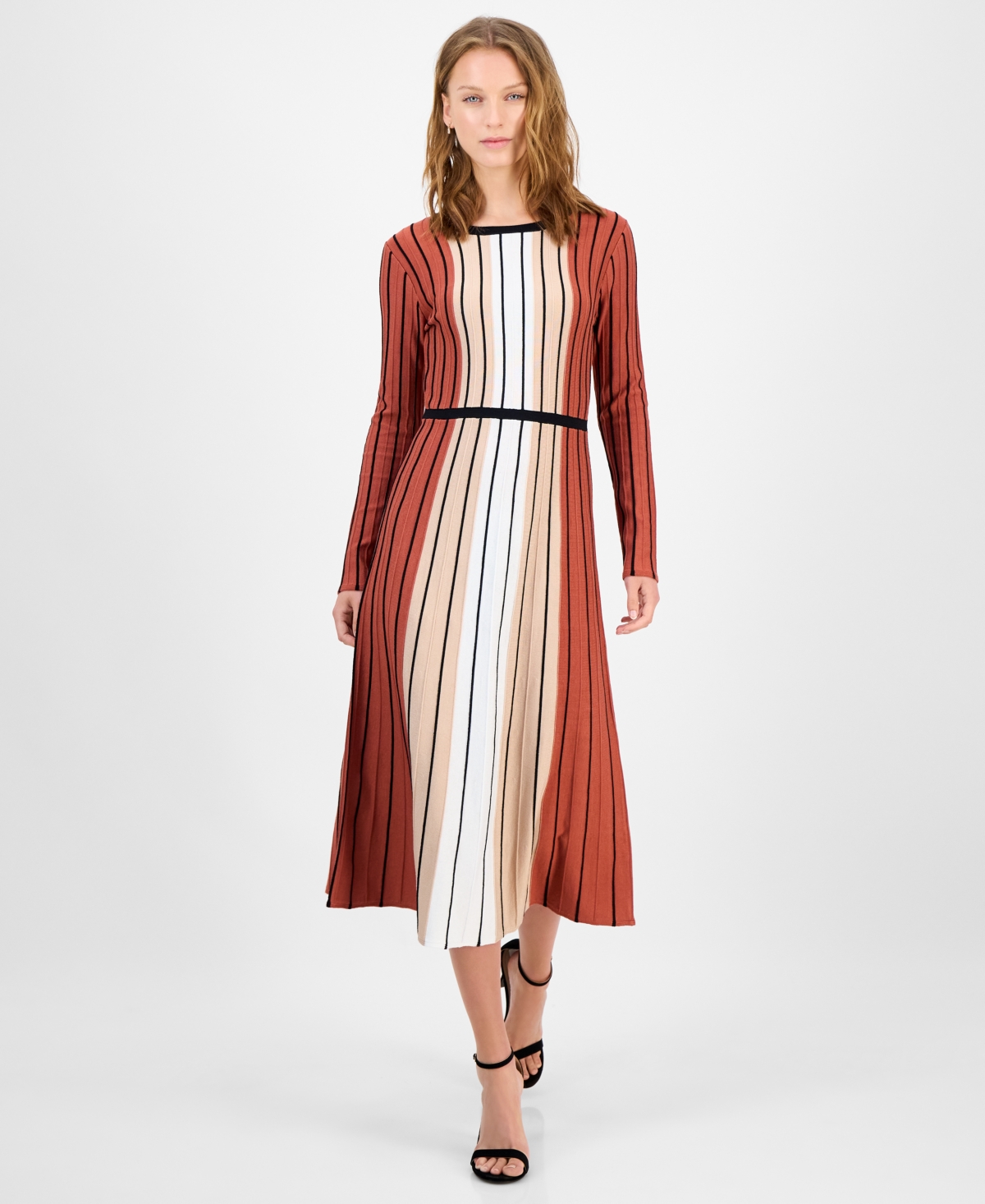 Click here for T Tahari Womens Striped Fit and Flare Knit Dress -... prices