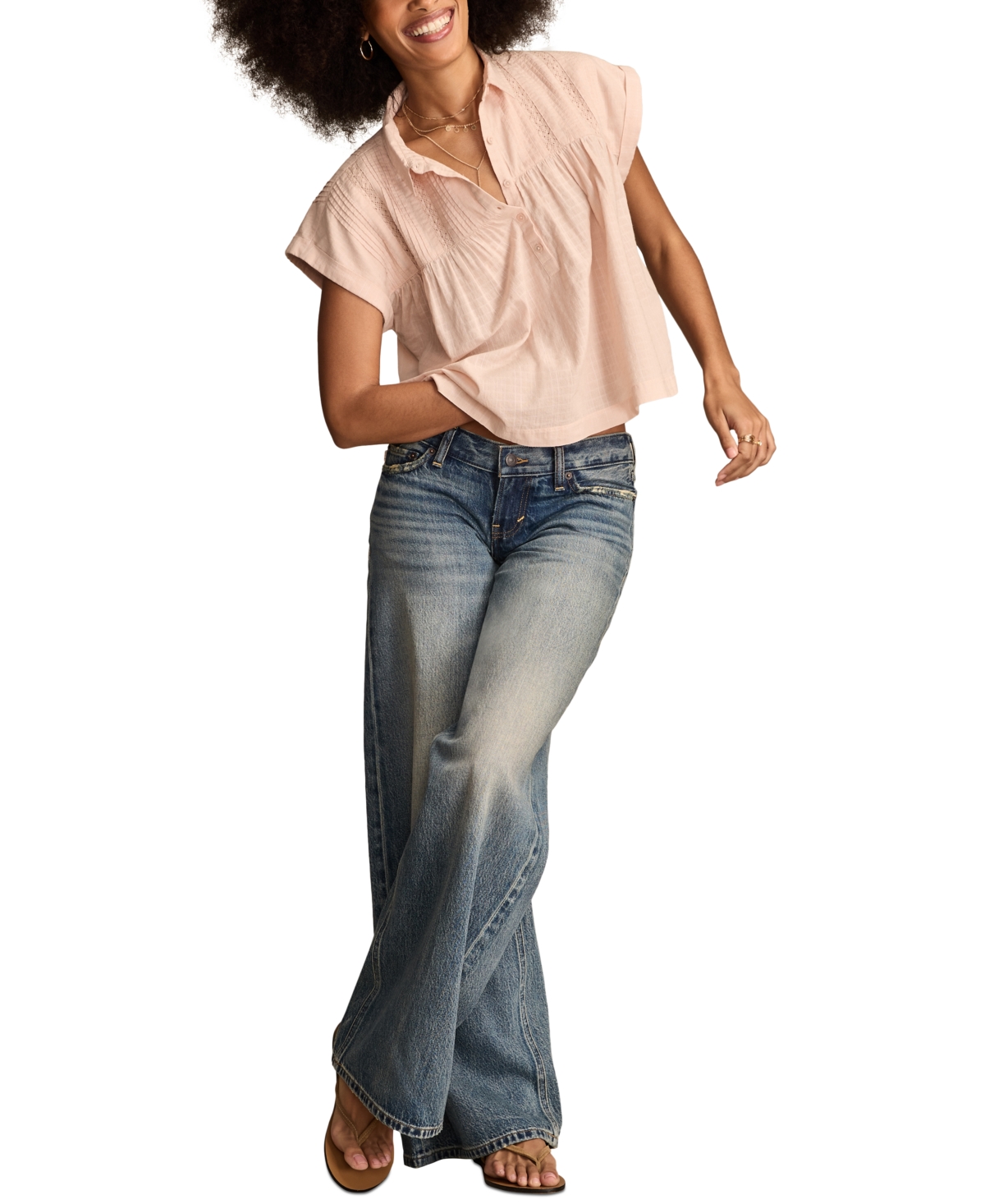 Click here for Lucky Brand Womens Collared Peplum Tunic Top - Pea... prices