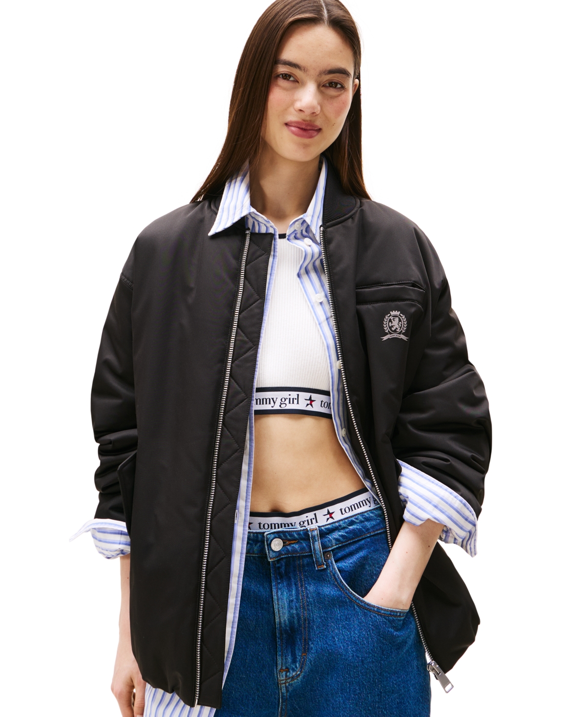 Click here for Tommy Jeans Womens Longline Crest-Front Bomber Jac... prices