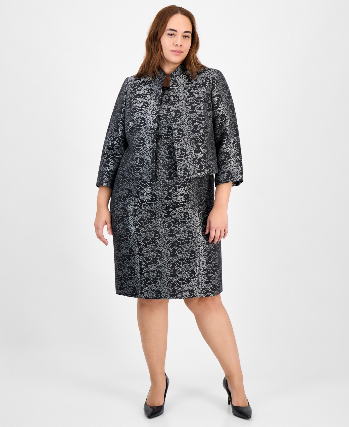 Le Suit Plus Size Floral Jacquard Sleeveless Sheath Dress Suit - Black Multi