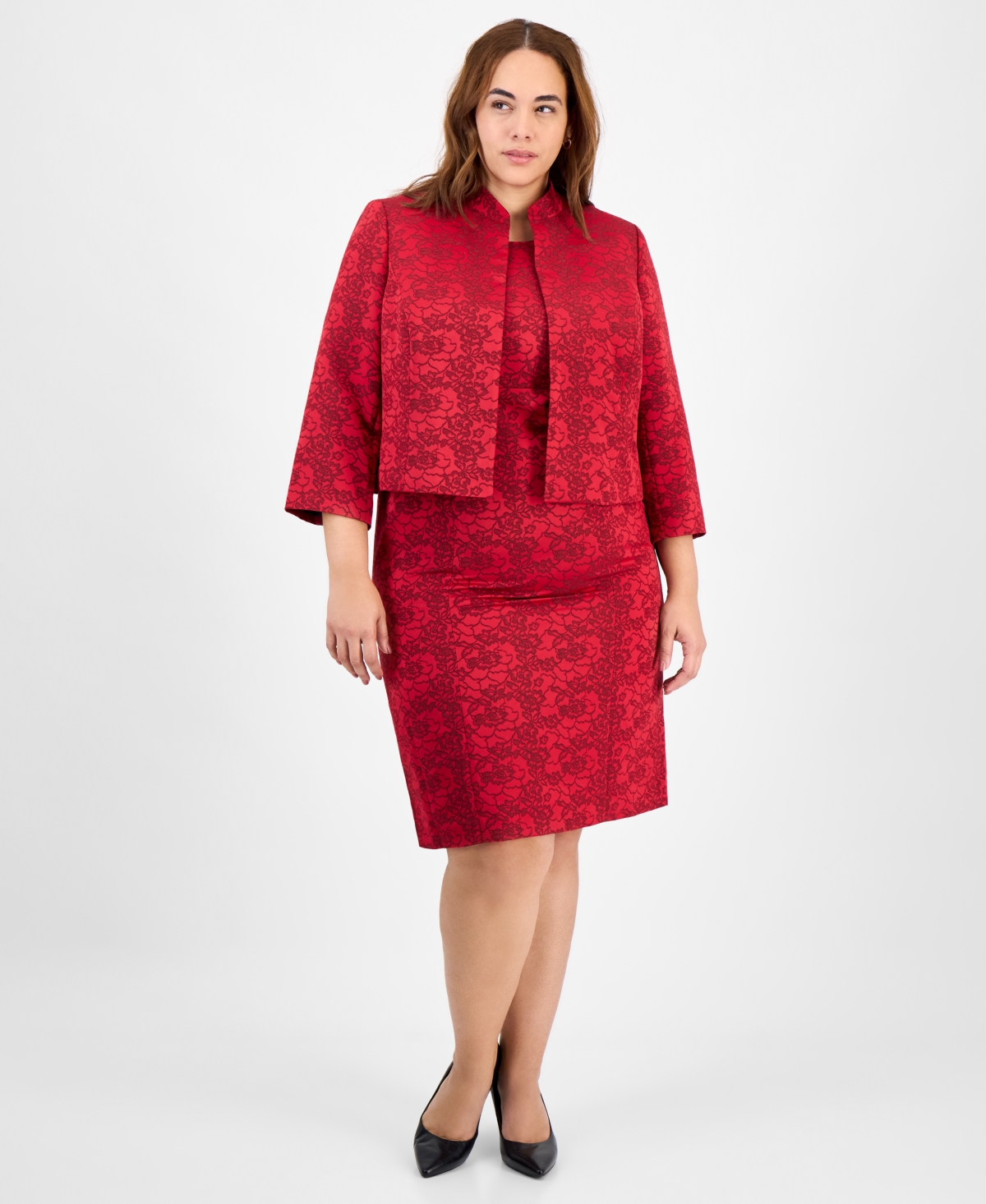 Le Suit Plus Size Floral Jacquard Sleeveless Sheath Dress Suit - Cherry Multi