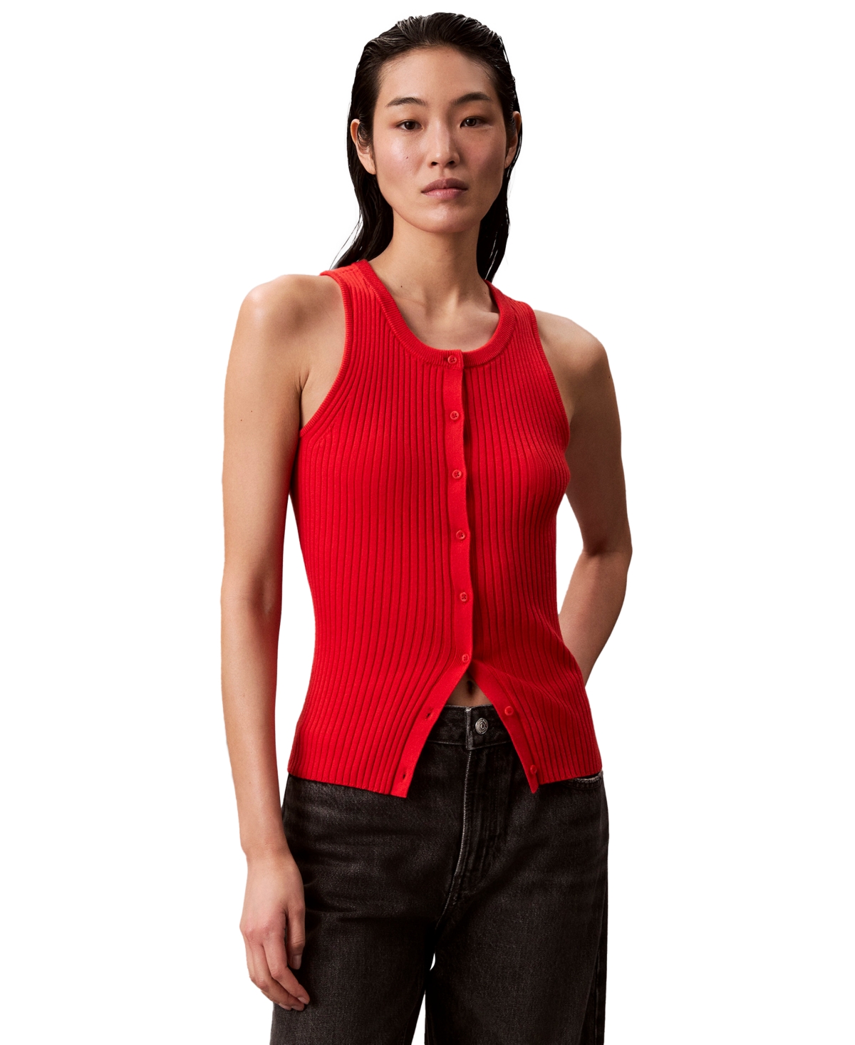 Calvin Klein Jeans Womens Smooth Cotton Rib Sweater Tank - Red Alert