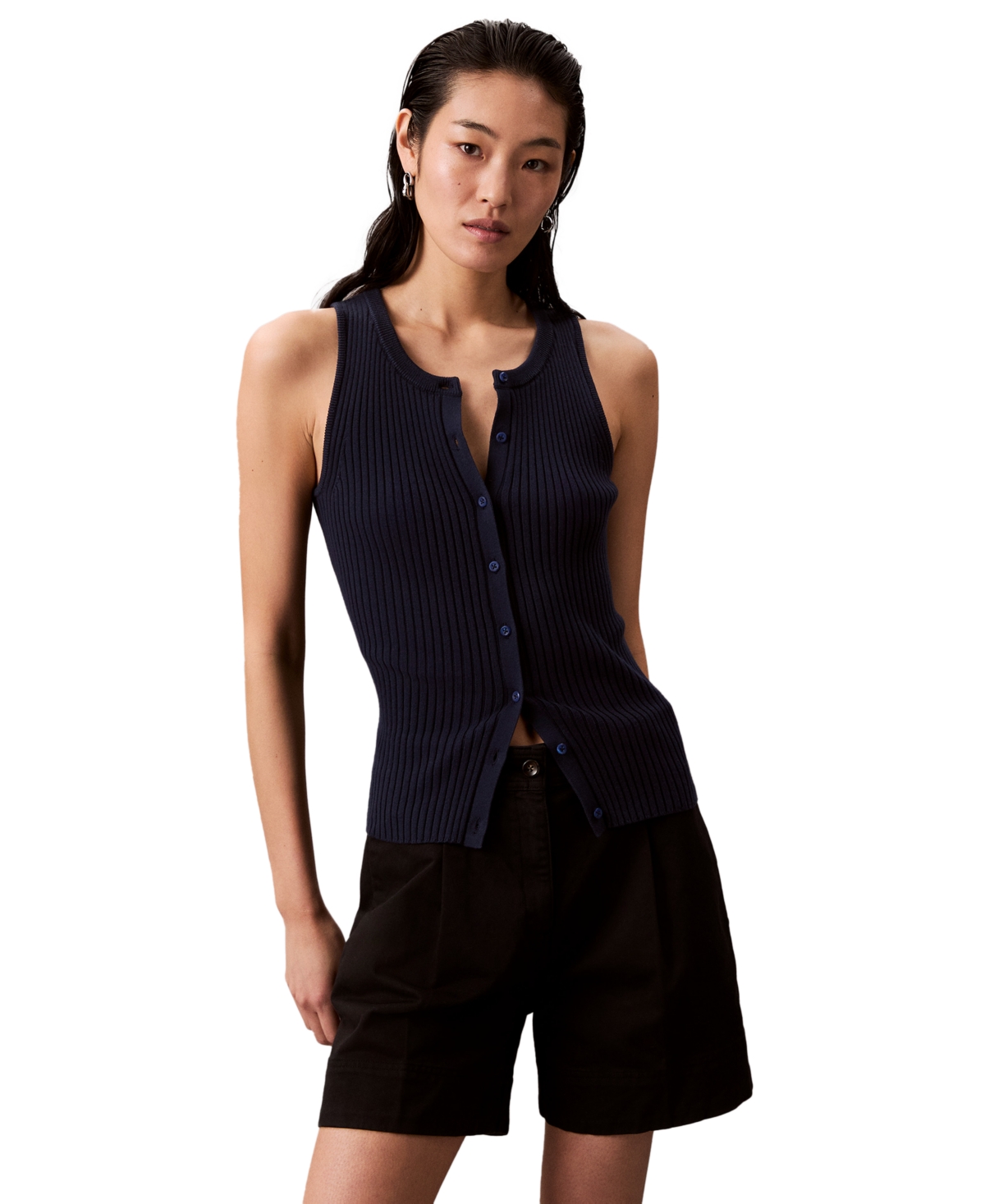 Calvin Klein Jeans Womens Smooth Cotton Rib Sweater Tank - Blue Herald