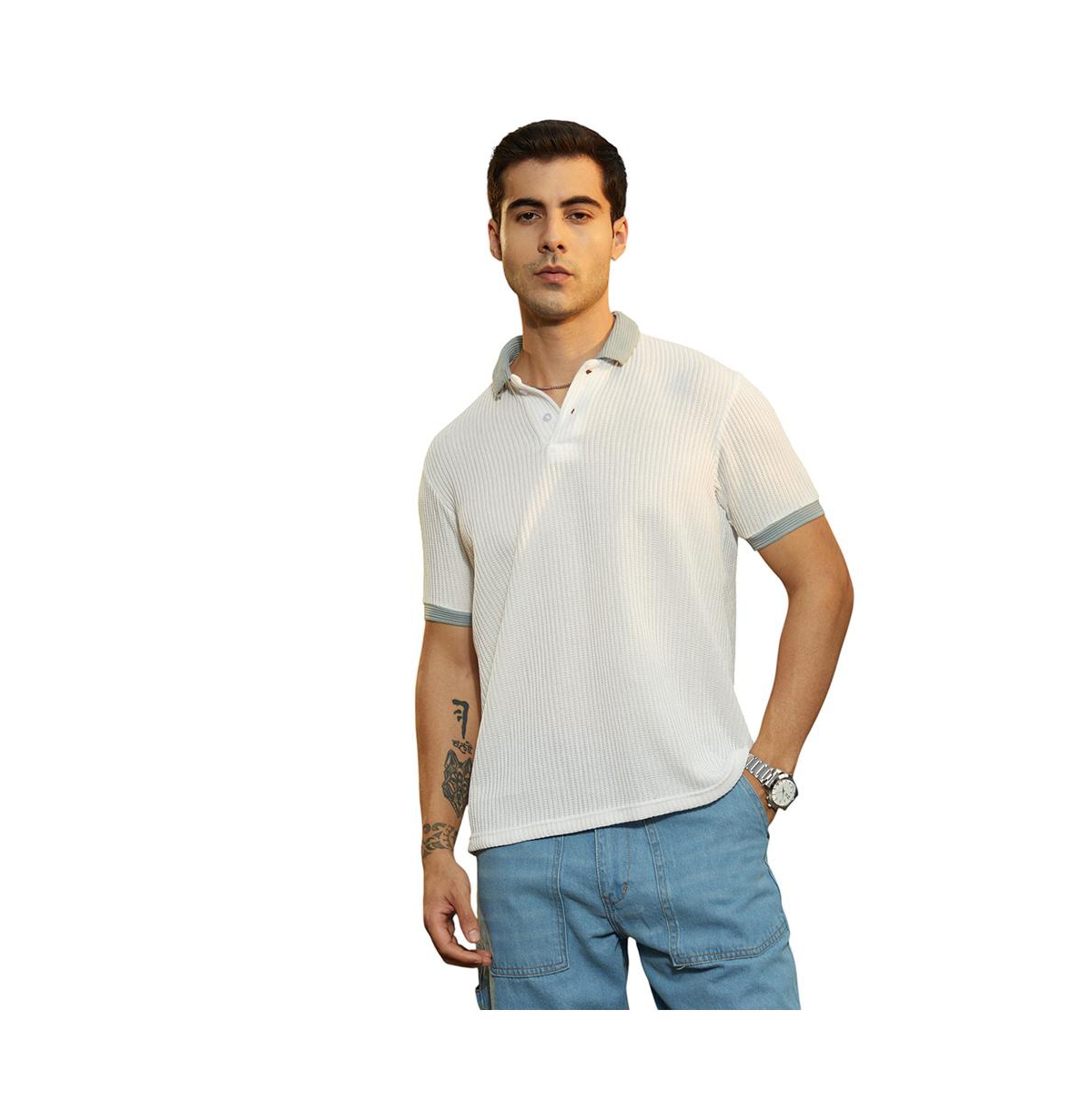 Click here for Campus Sutra Mens Chalk White & Sage Green Contras... prices