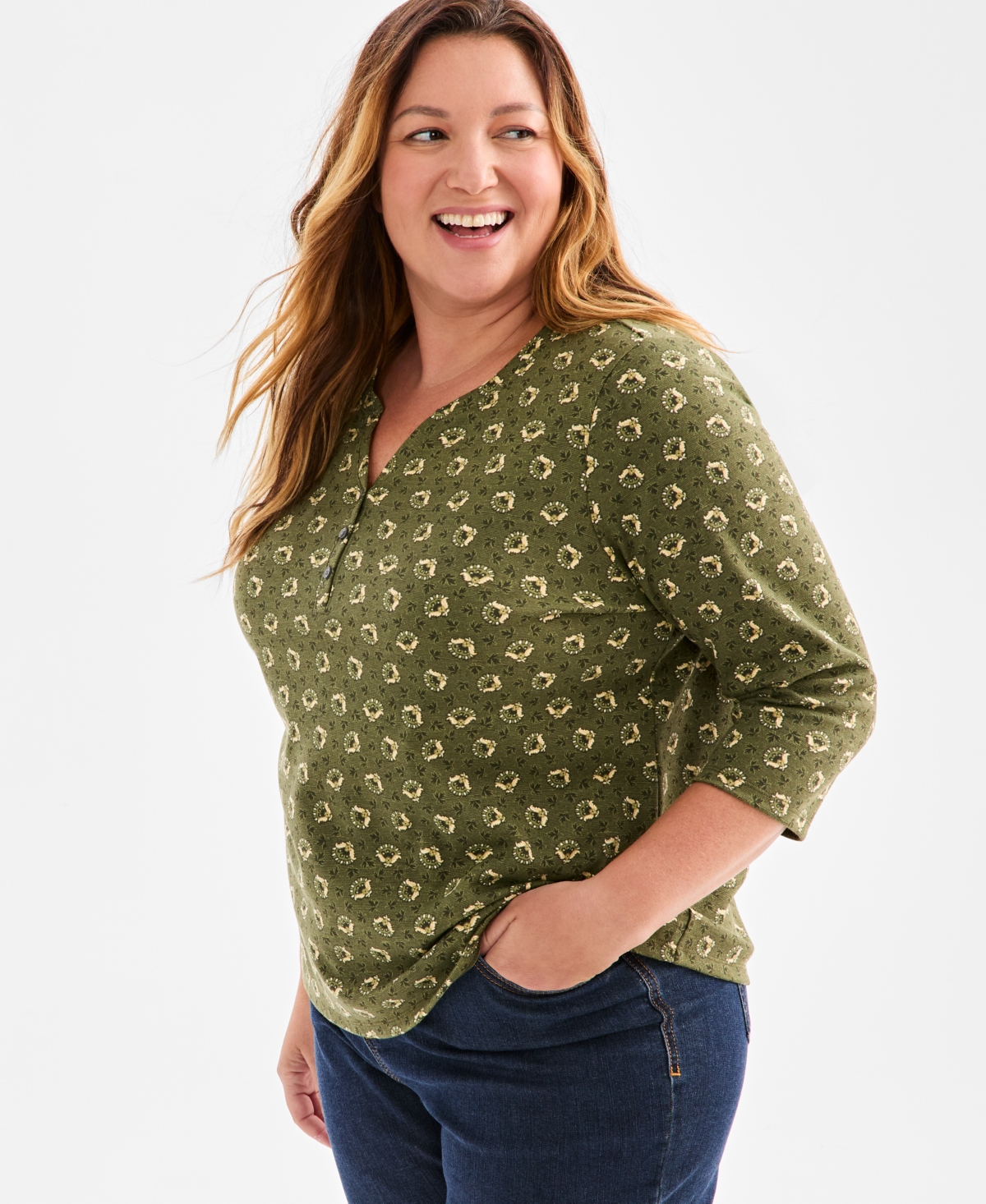 Click here for Style & Co Plus Size Printed 3/4-Sleeve Henley Top... prices