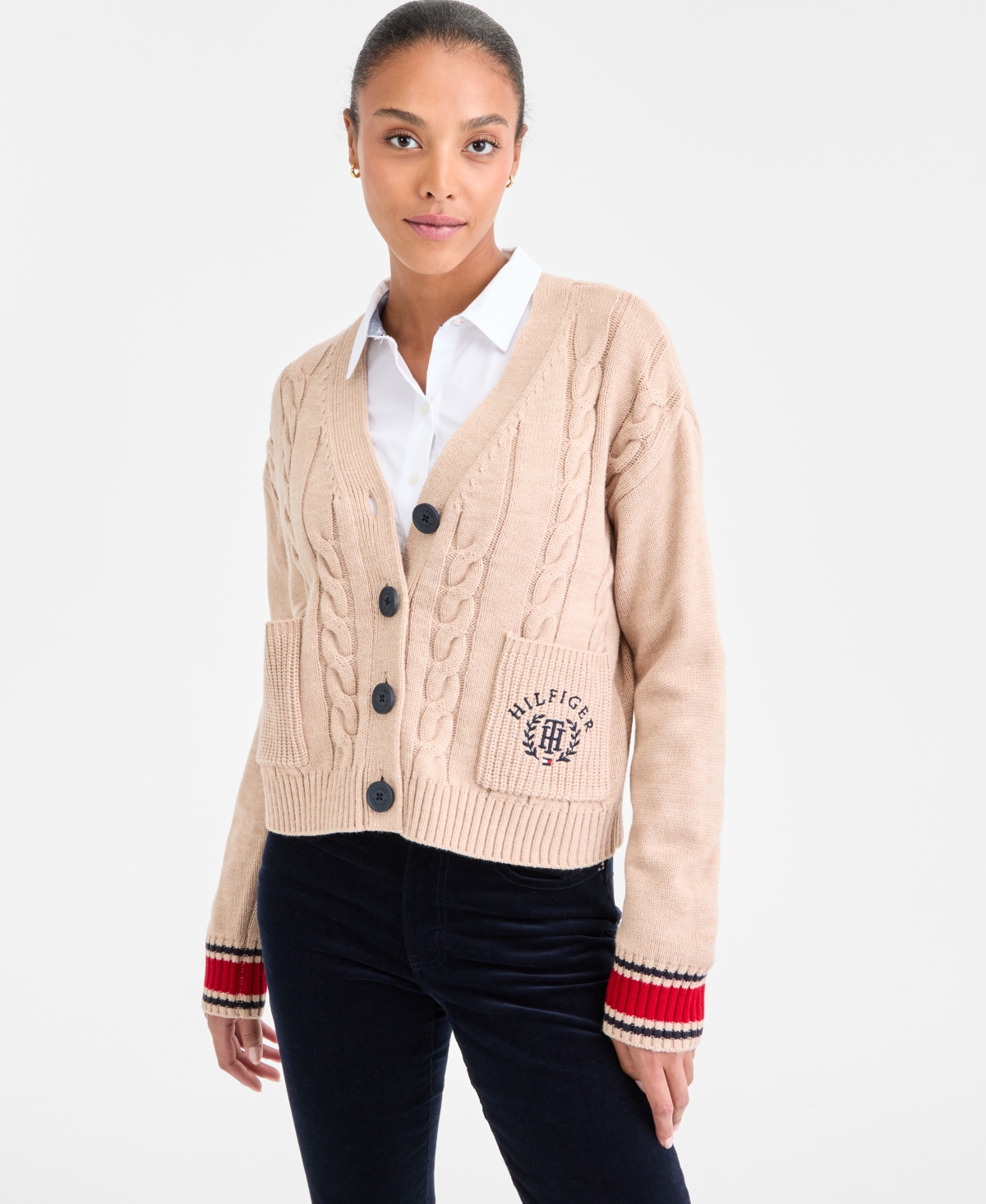 Click here for Tommy Hilfiger Womens Cable-Knit Varsity Cardigan... prices