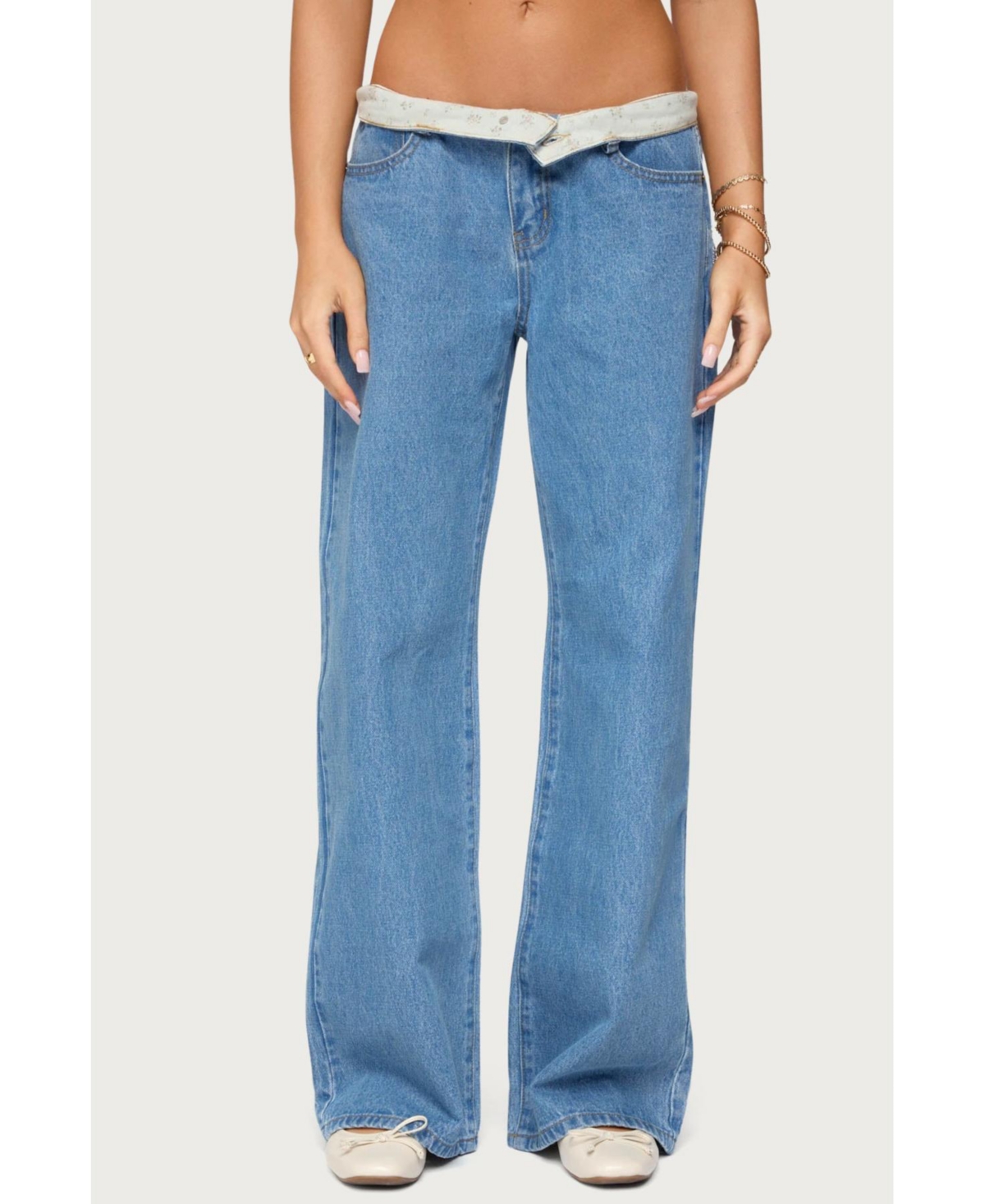 Click here for Edikted Womens Floral Foldover Low Rise Jeans - Bl... prices