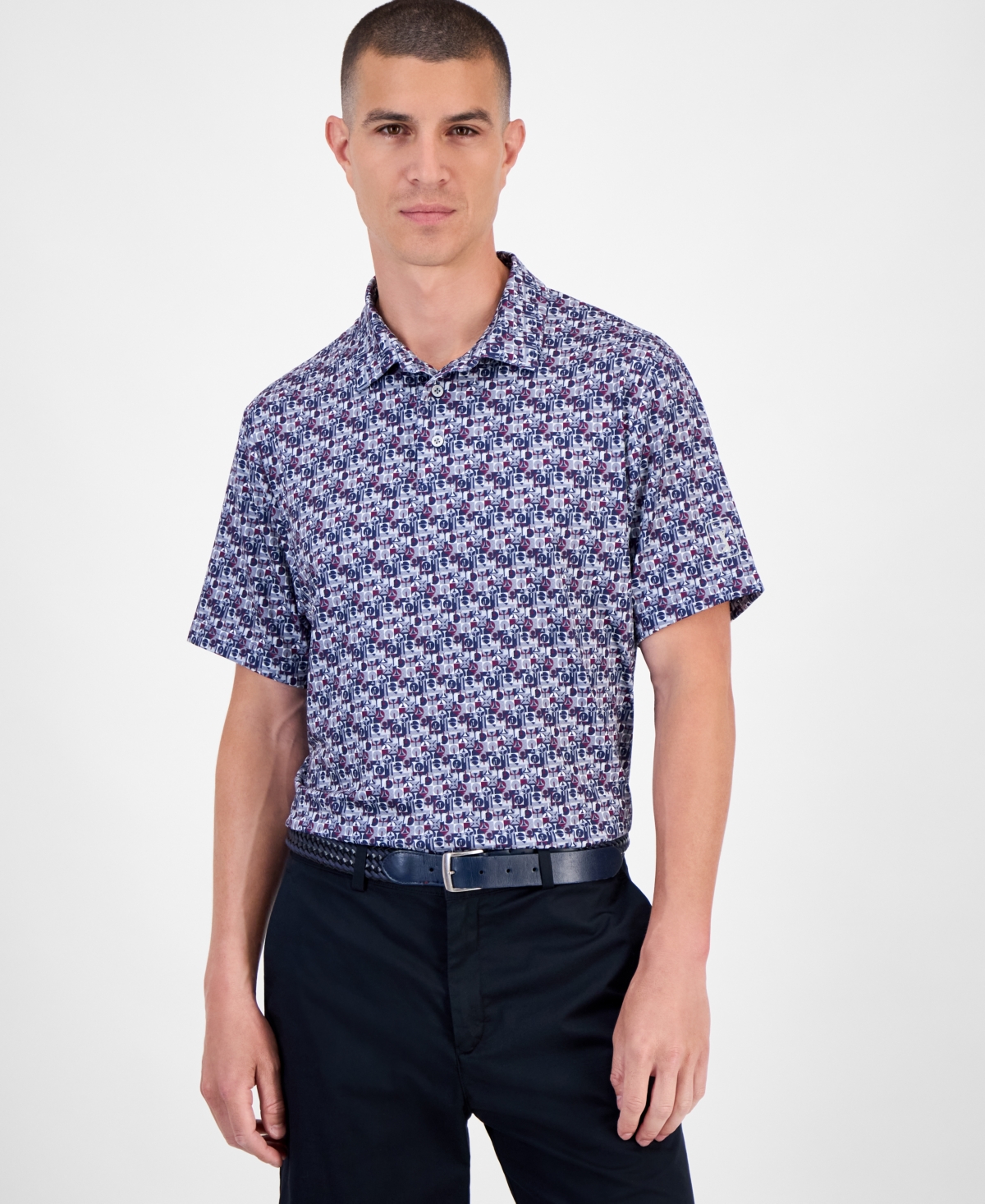 Click here for Pga Tour Mens All-Over Geometric Polo Shirt - Peac... prices