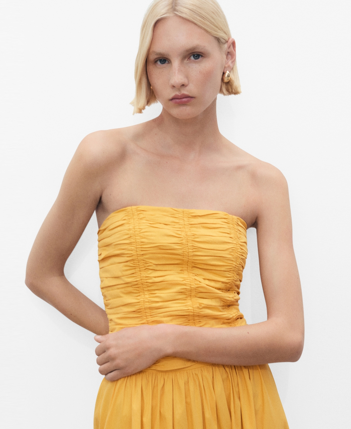 Click here for Mango Womens Ruched Strapless Top - Mustard prices