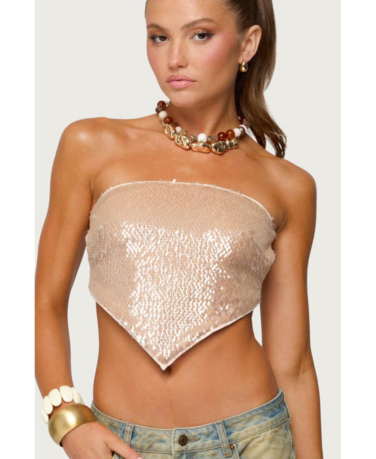 Click here for Edikted Womens Sequin Backless Triangle Strapless... prices