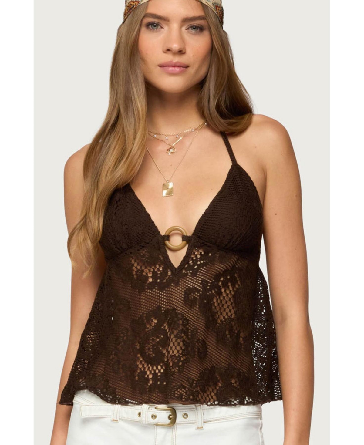 Click here for Edikted Womens Sheer Crochet Babydoll Halter Top -... prices