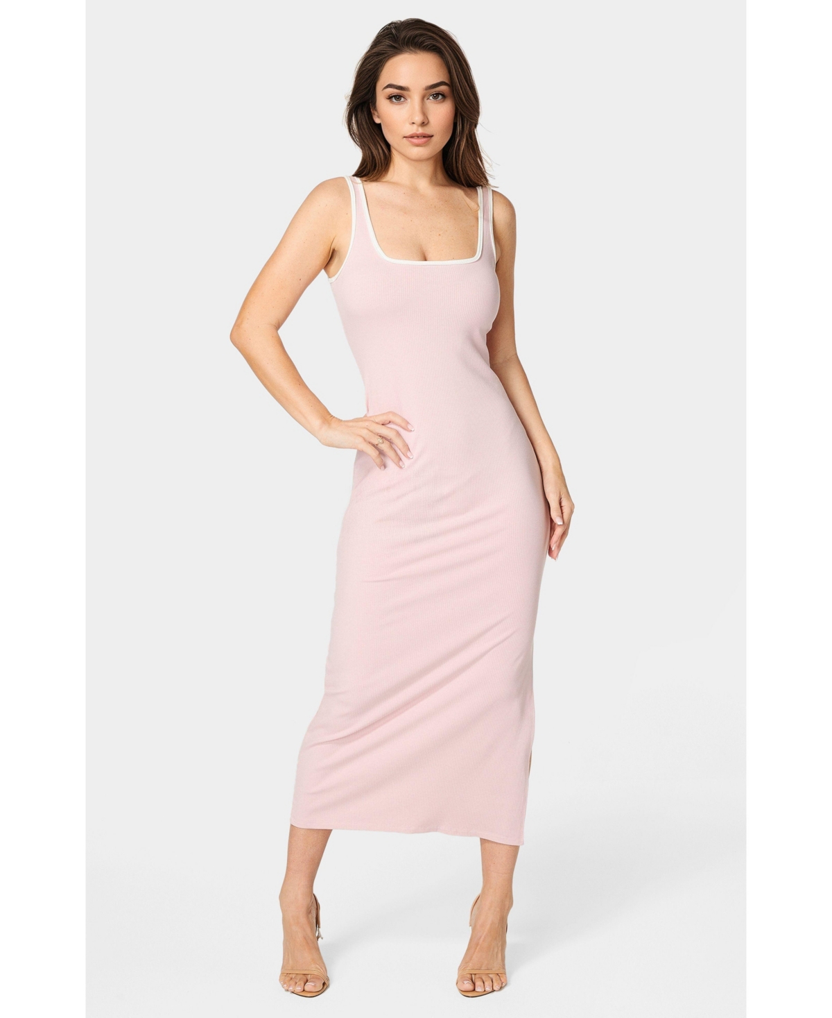Bebe Womens Rib Contrast Square Neck Maxi Dress - Rose white