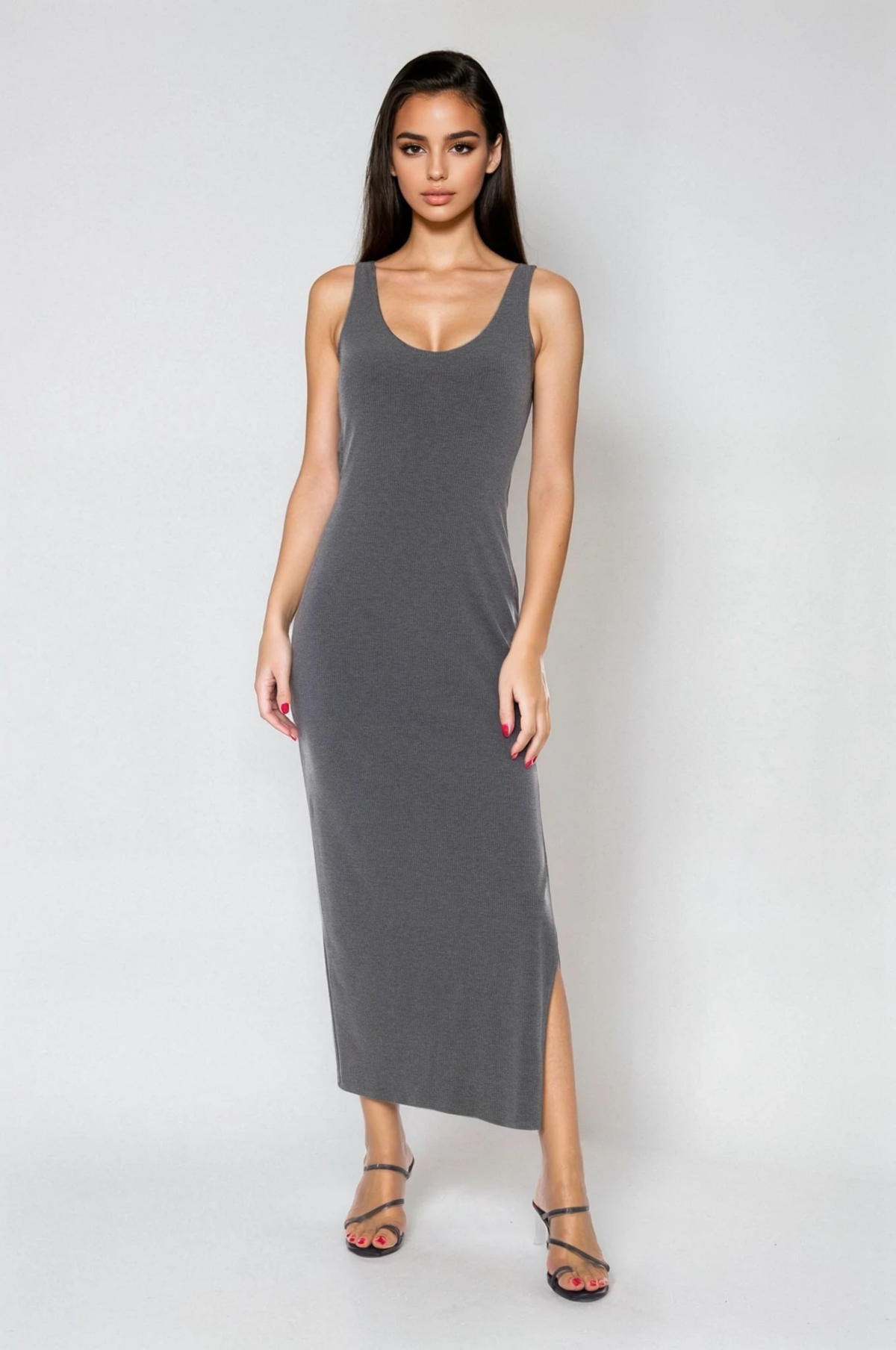 Click here for Bebe Womens V-Neck Tank Rib Maxi Dress - Charcoal prices