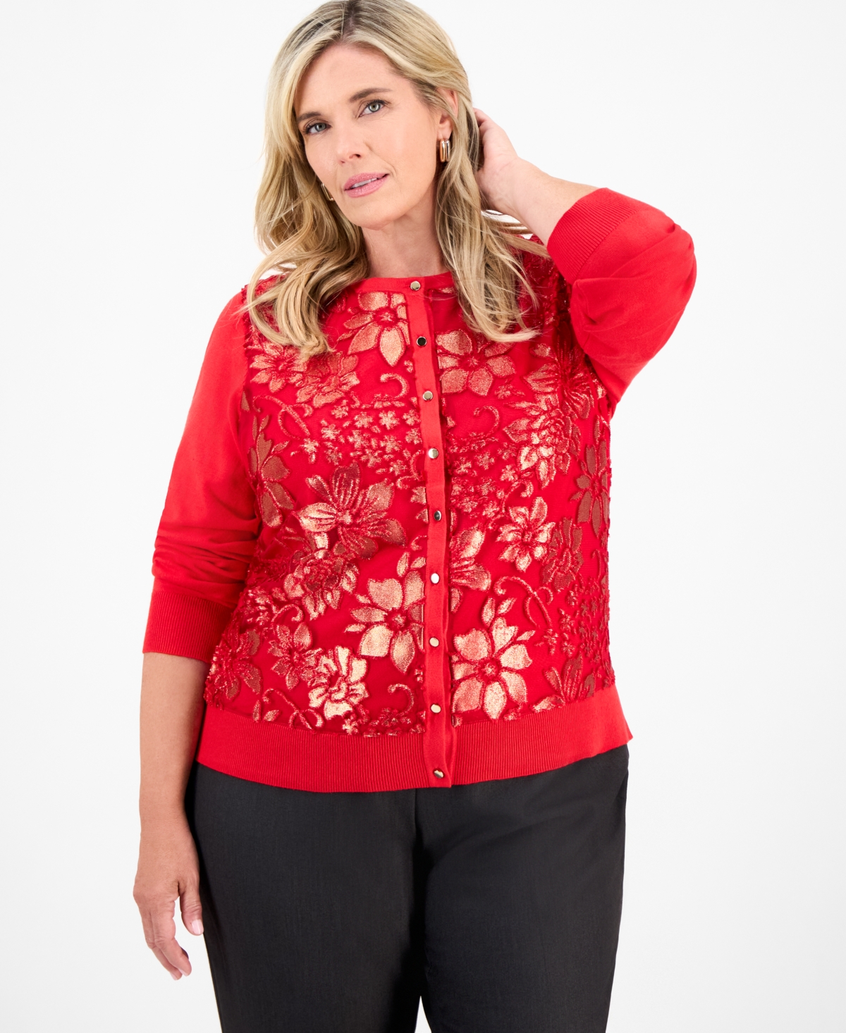 Click here for Jm Collection Plus Size Metallic Jacquard Button-F... prices