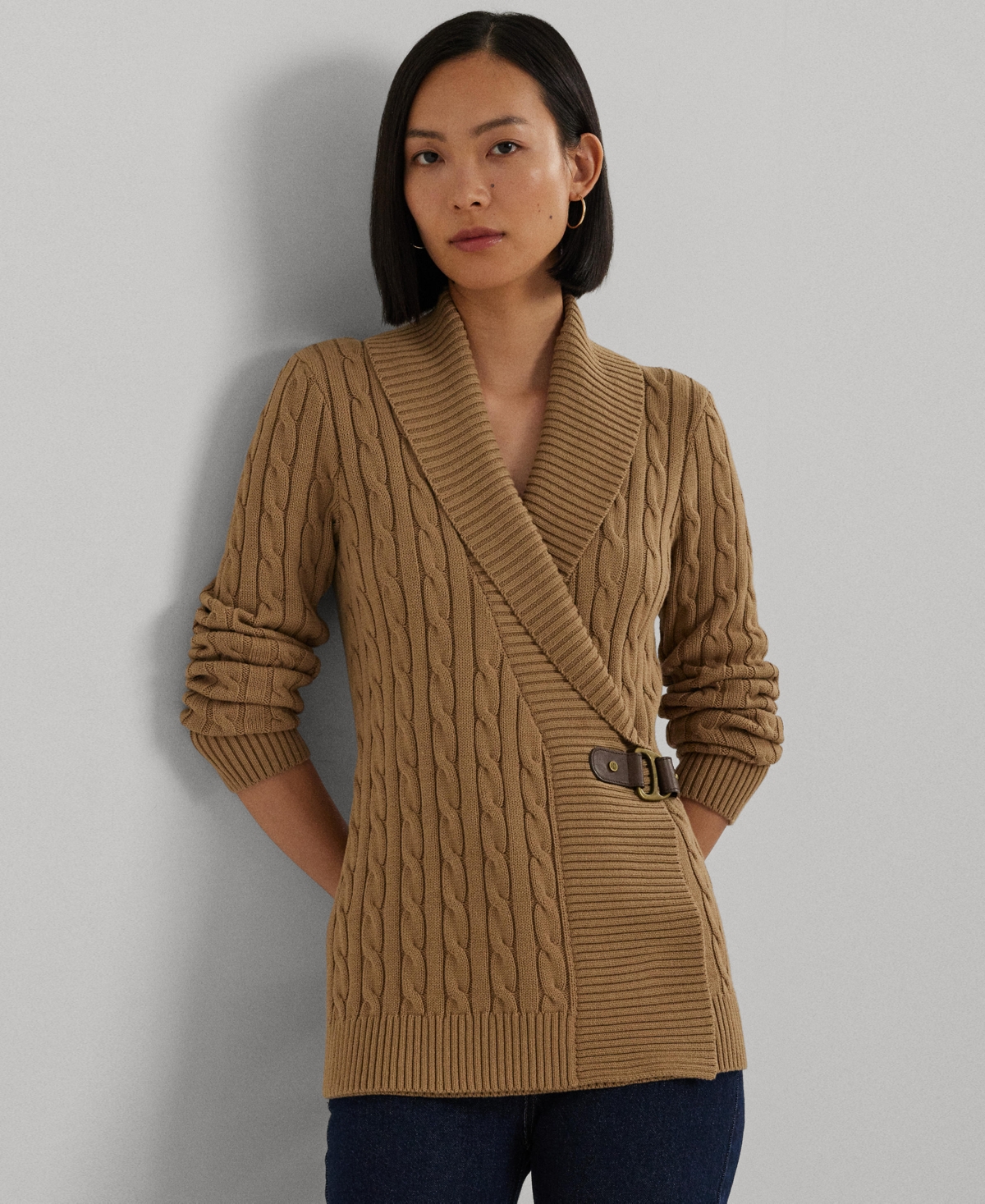 Lauren Ralph Lauren Womens Buckled Cotton Sweater - Classic Camel